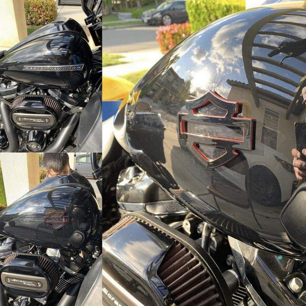 Buy Black with red edges tank emblems. Custom emblems for Harley Davidson
